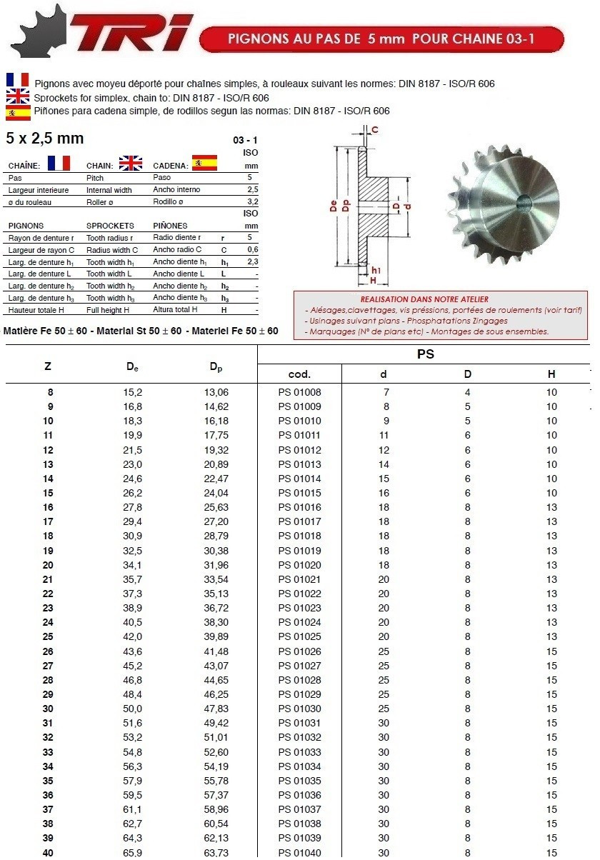 PIGNON SIMPLE 03B1 - Pas 5 mm