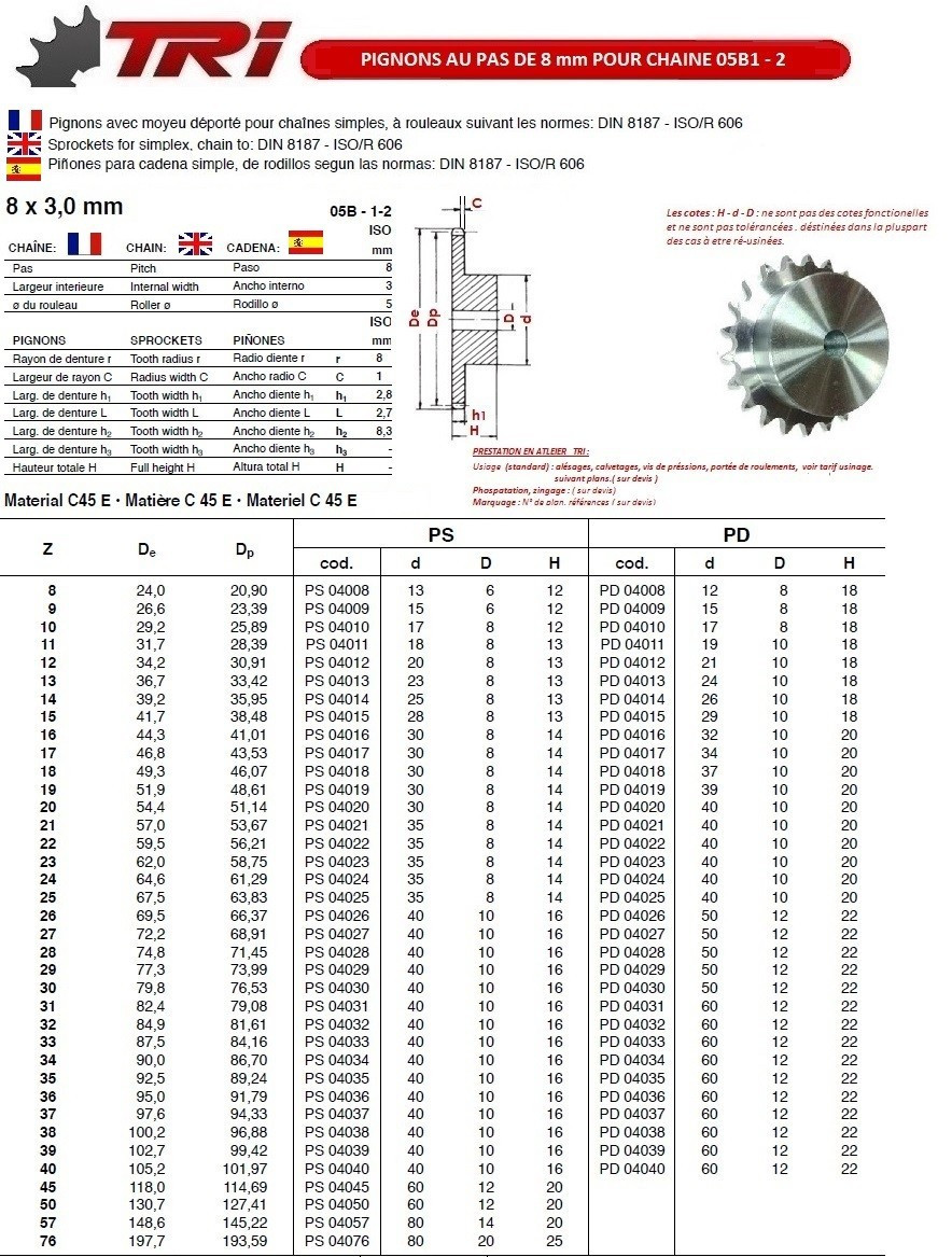 PIGNON SIMPLE PAS 8mm / 05B1