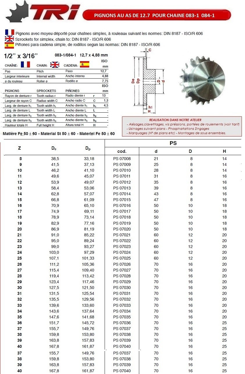 PIGNON SIMPLE 083-1 - Pas 12,7 mm x 4,88 mm - Standard
