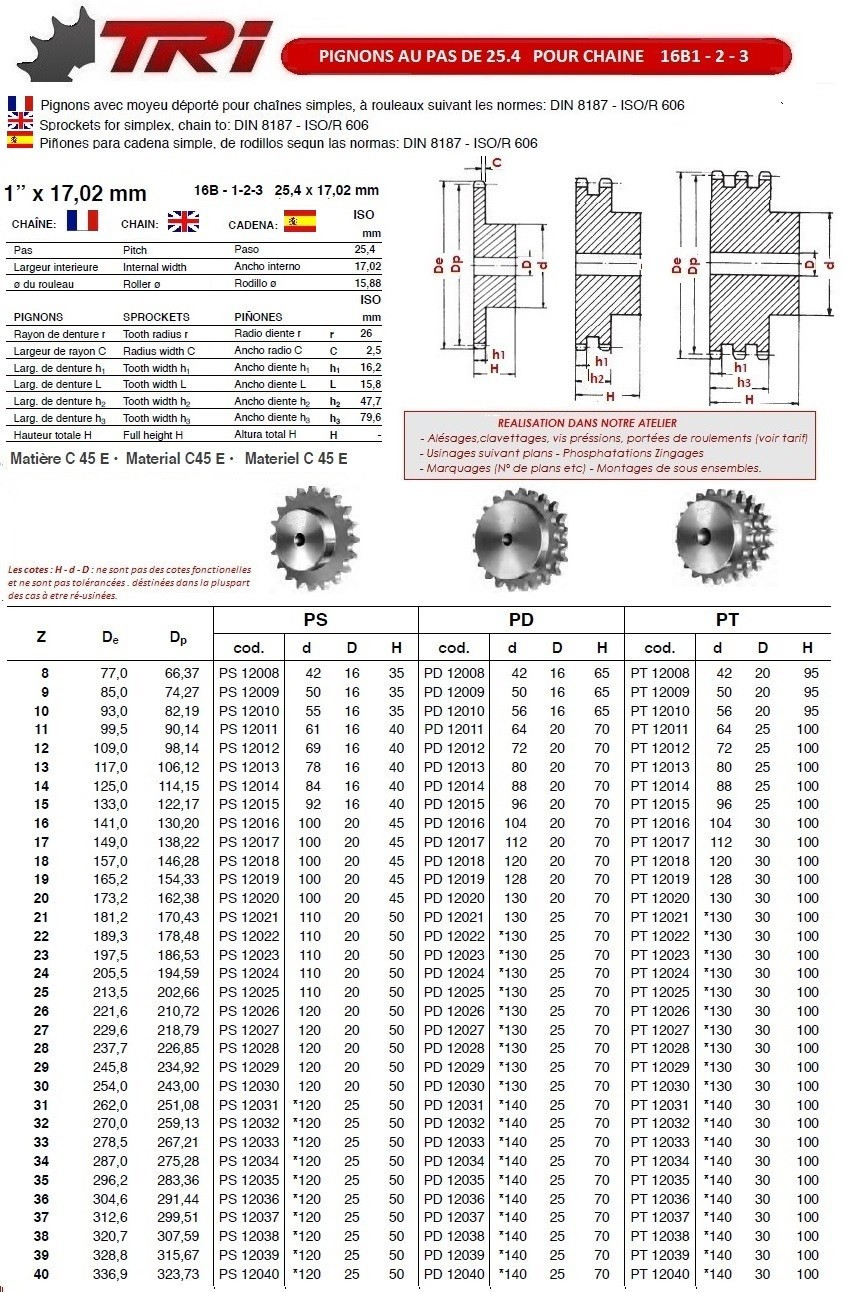 PIGNON SIMPLE - 16B1 - Pas de 25.4 mm