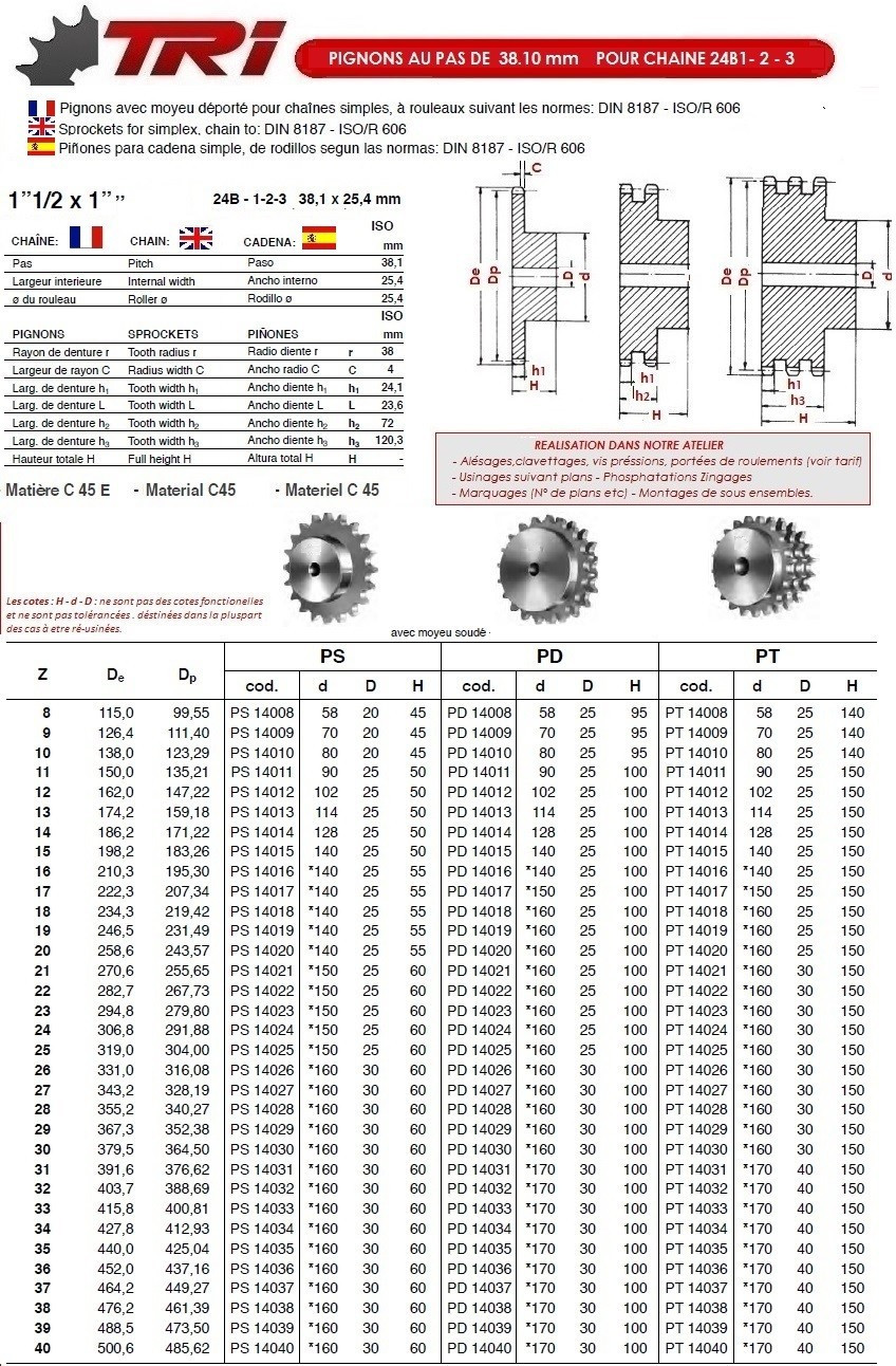 PIGNON SIMPLE - 24B1 - Pas de 38.10 mm