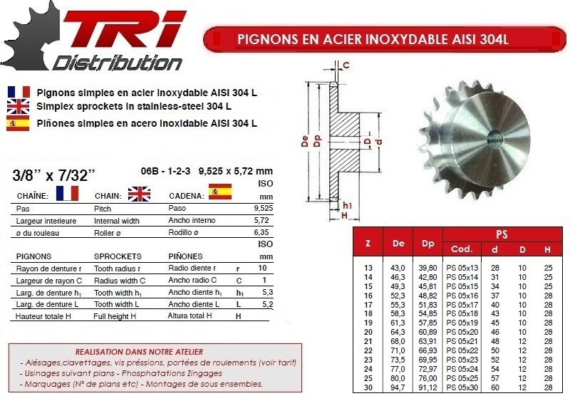 PIGNON INOX SIMPLE 06B1 - 9.52 - 3/8