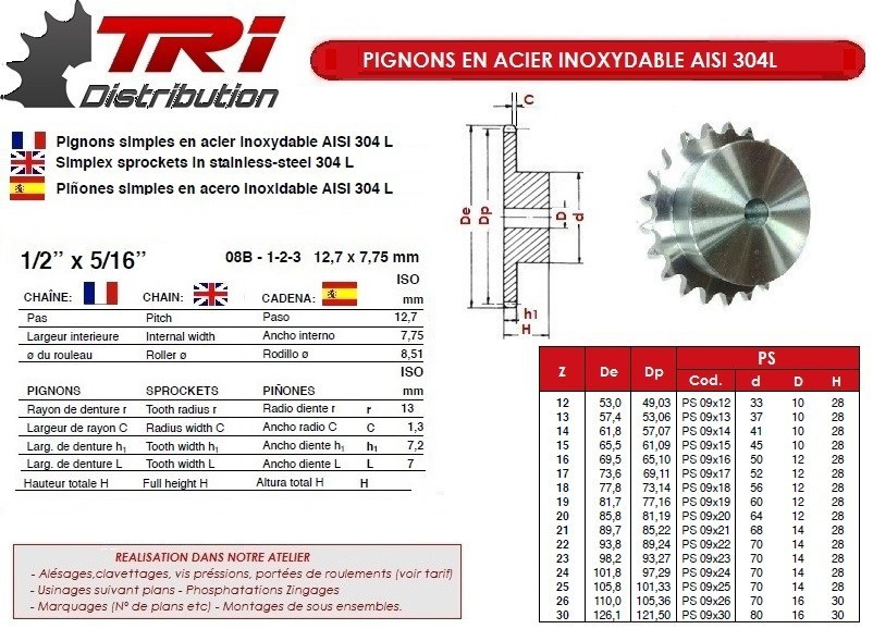 PIGNON INOX SIMPLE 08B1 - 12.7 - 1/2x5/16